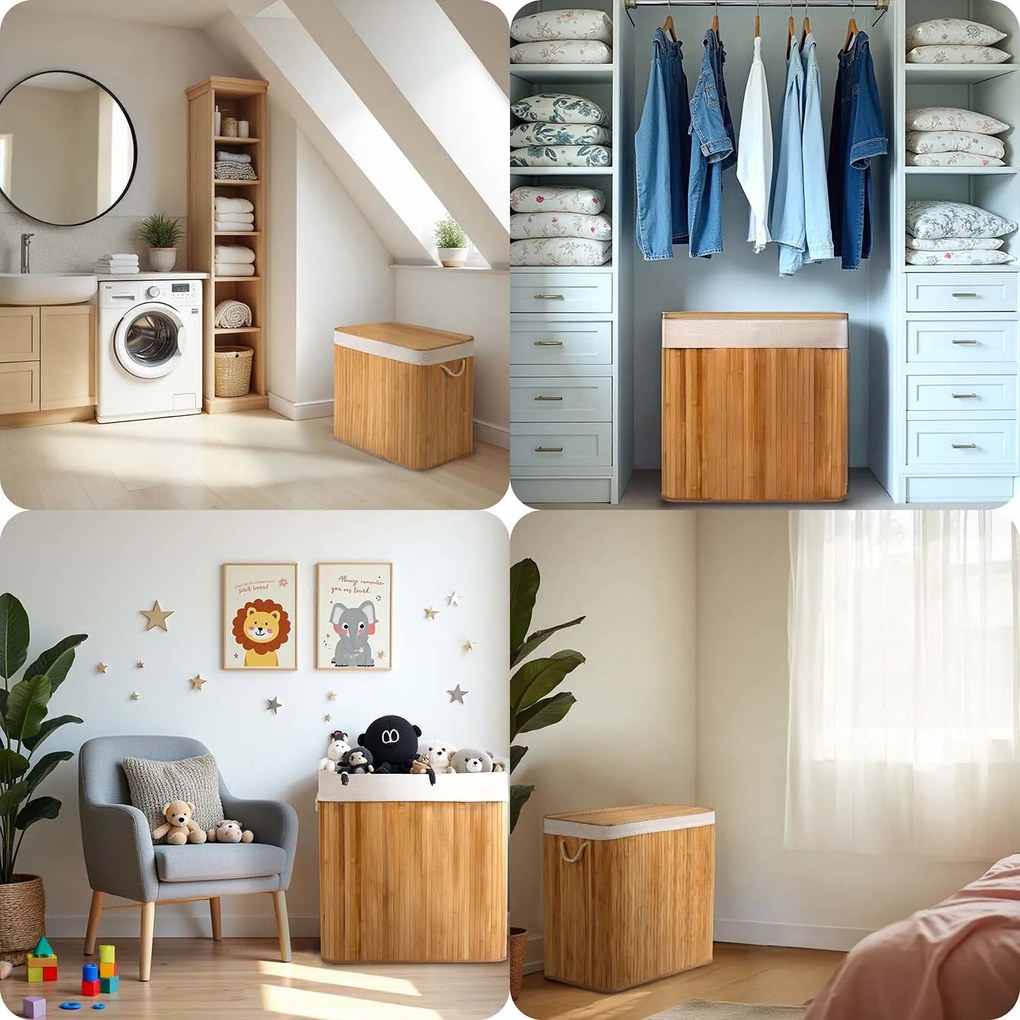 Bambusový proutěný koš na prádlo s víkem 100 l Massido elegantní úložný prvek