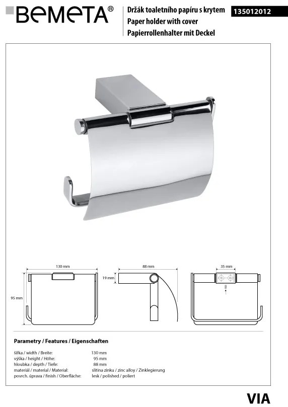 Bemeta Design VIA: Držák toaletního papíru, s krytem -