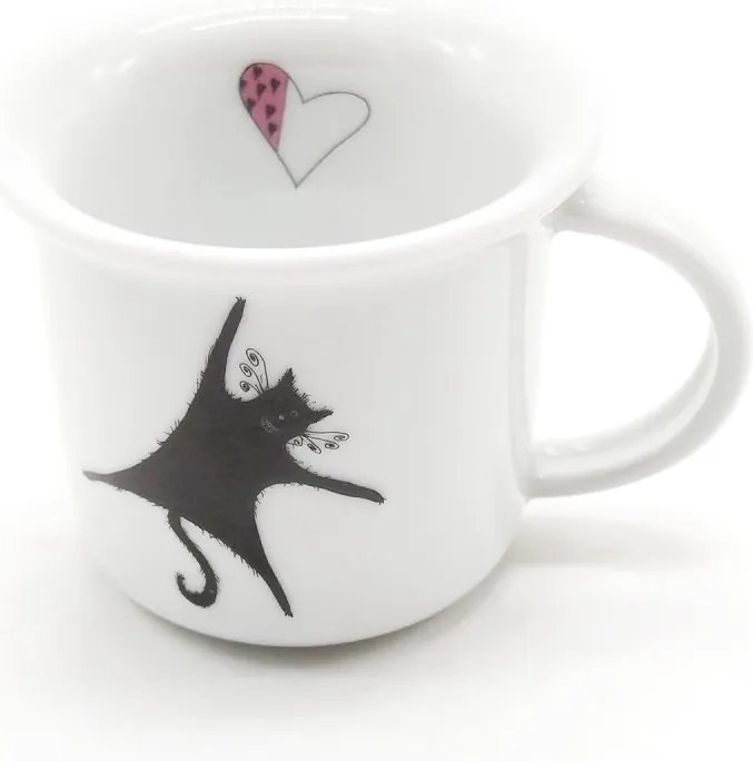 Porcelánový moka hrnek Visící kočka, 100 ml – s originální malovanou perokresbou, český design
