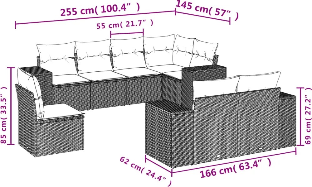 8dílná zahradní sedací souprava s poduškami šedá polyratan 3222839