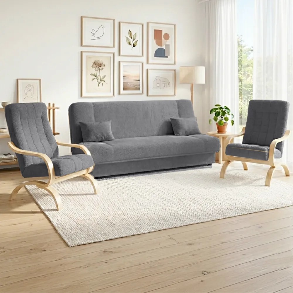 Sedací sestava 3+1+1 PALERMO | 190 + 65 + 65 cm | rozkládací s úložným prostorem | šedá + bukové nohy