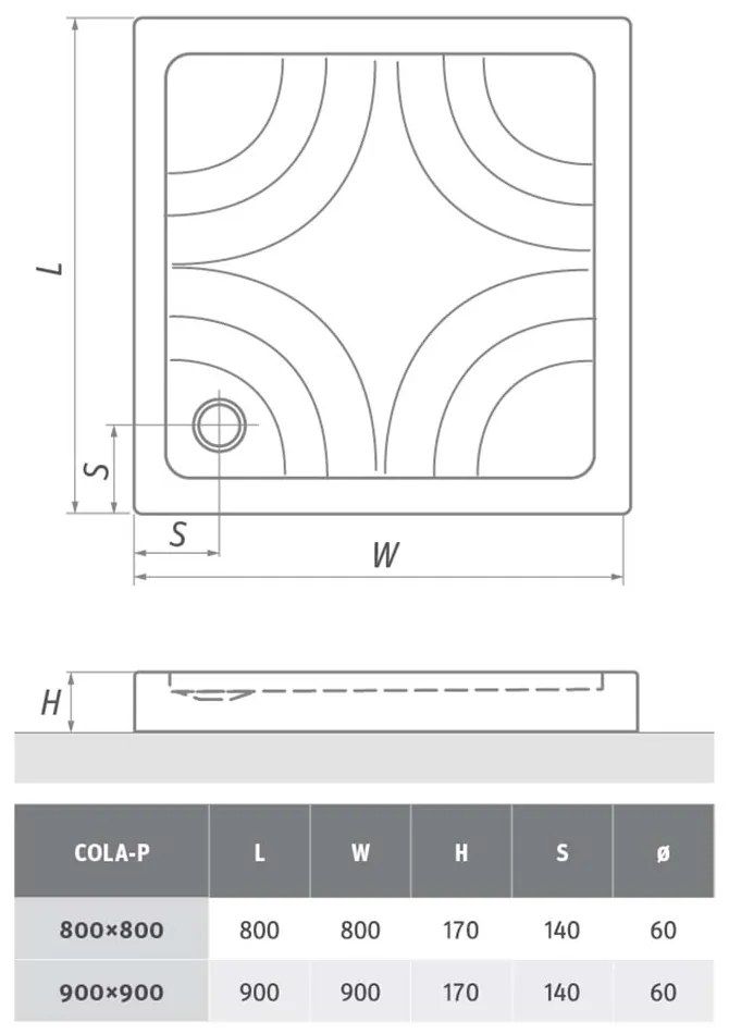 Čtvercová samonosná sprchová vanička COLA-P 170 mm S 800 × 800 COLA-P /800 8000022