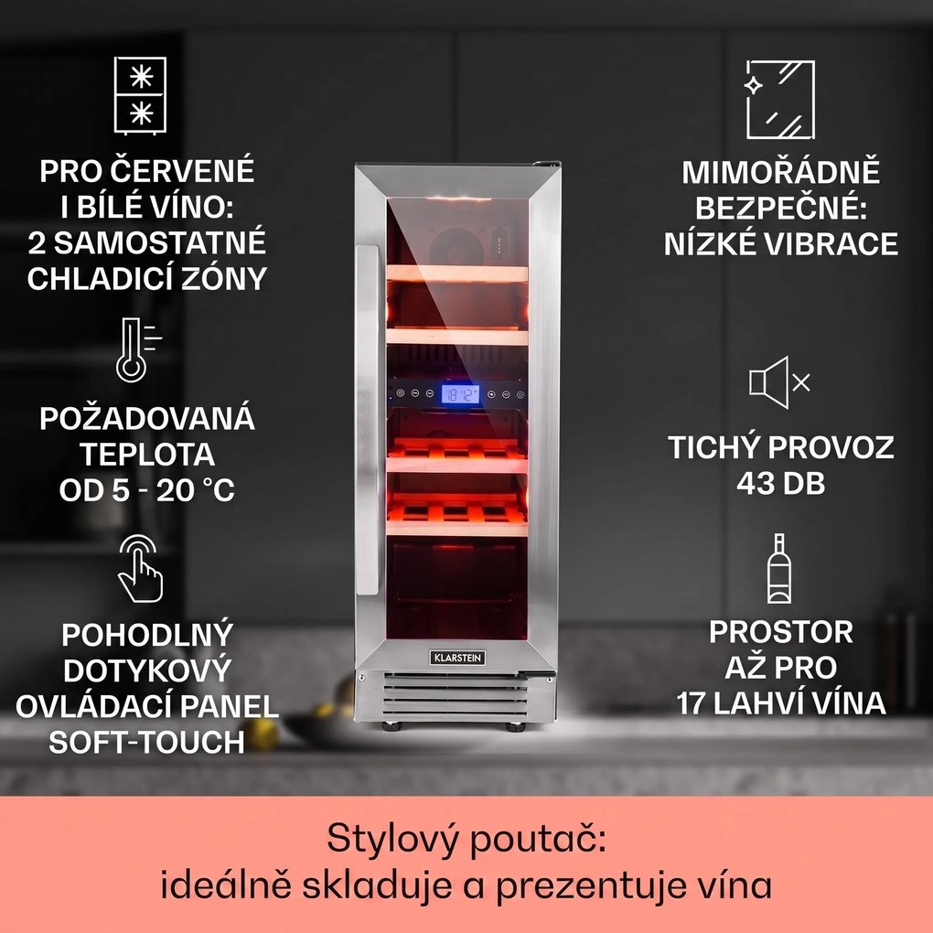 Klarstein Vinovilla Duo 17, vinotéka, 53 l/17 lahví, 2 zóny, 3 barvy LED osvětlení, skleněné dveře