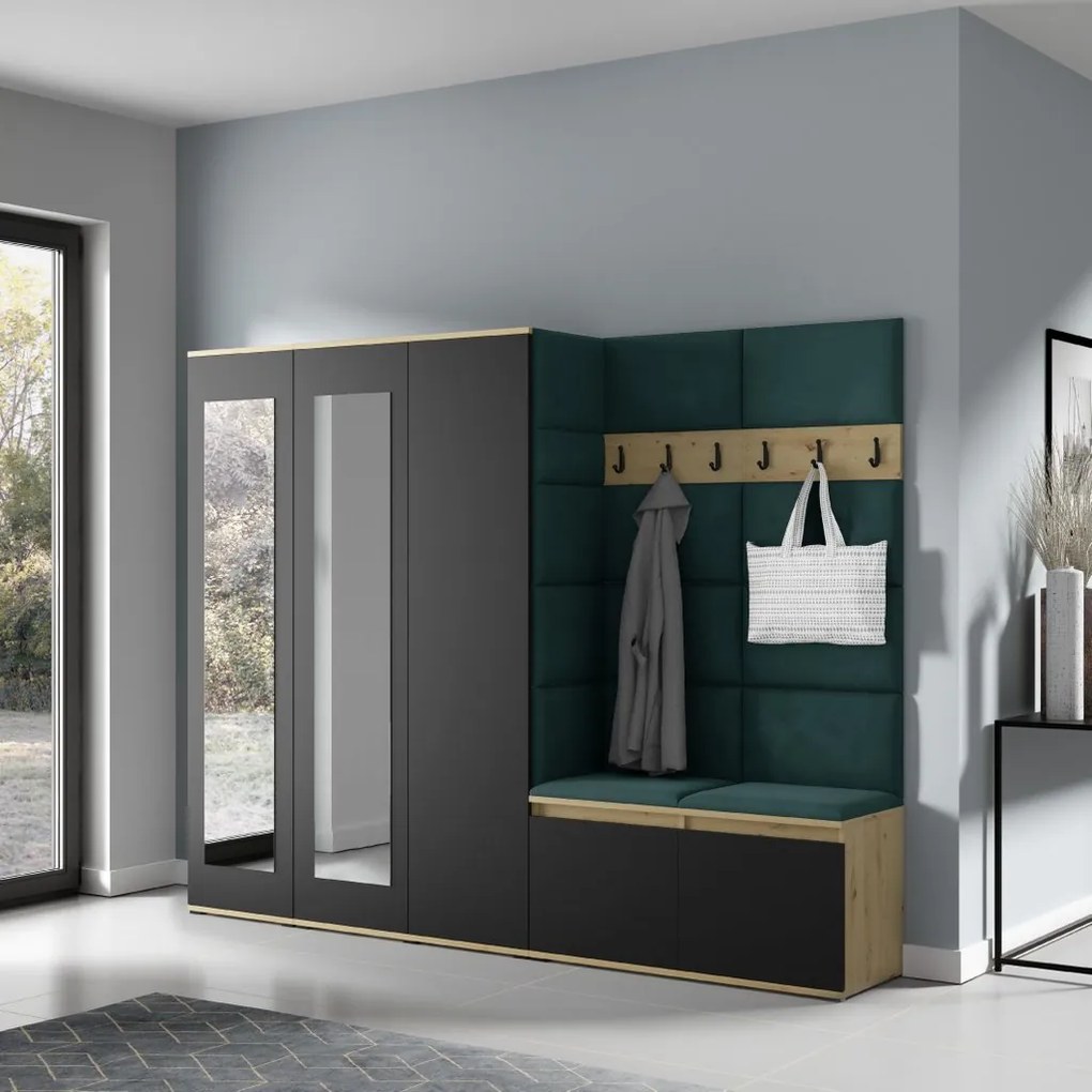 Eka Předsíňová stěna s čalouněnými panely Trinity 15 - Dub Artisan s černou / Tmavá zelená 2328