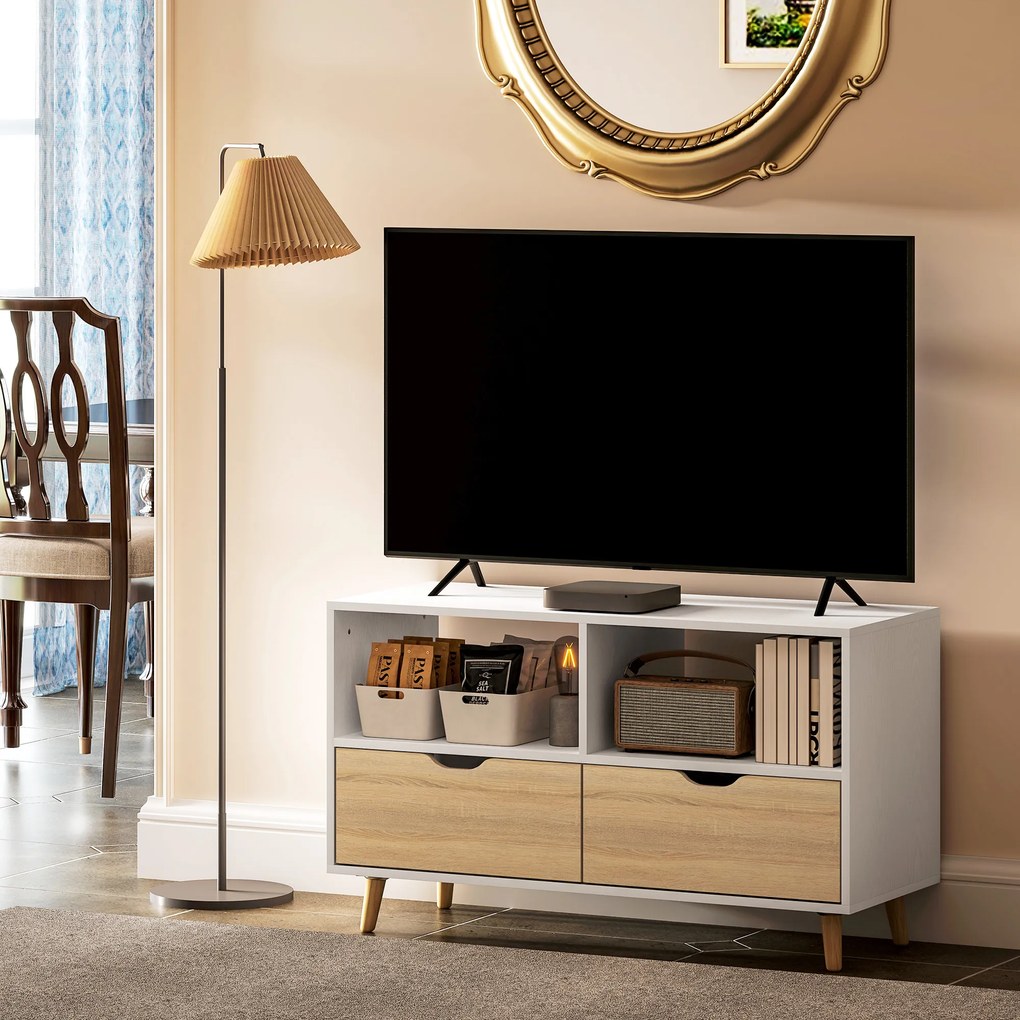HOMCOM TV skříňka s 2 policemi a zásuvkou, 99 cm dlouhý TV stolek pro televizi, TV jednotka do obývacího pokoje, Bílá, 99 x 39 x 58,3 cm