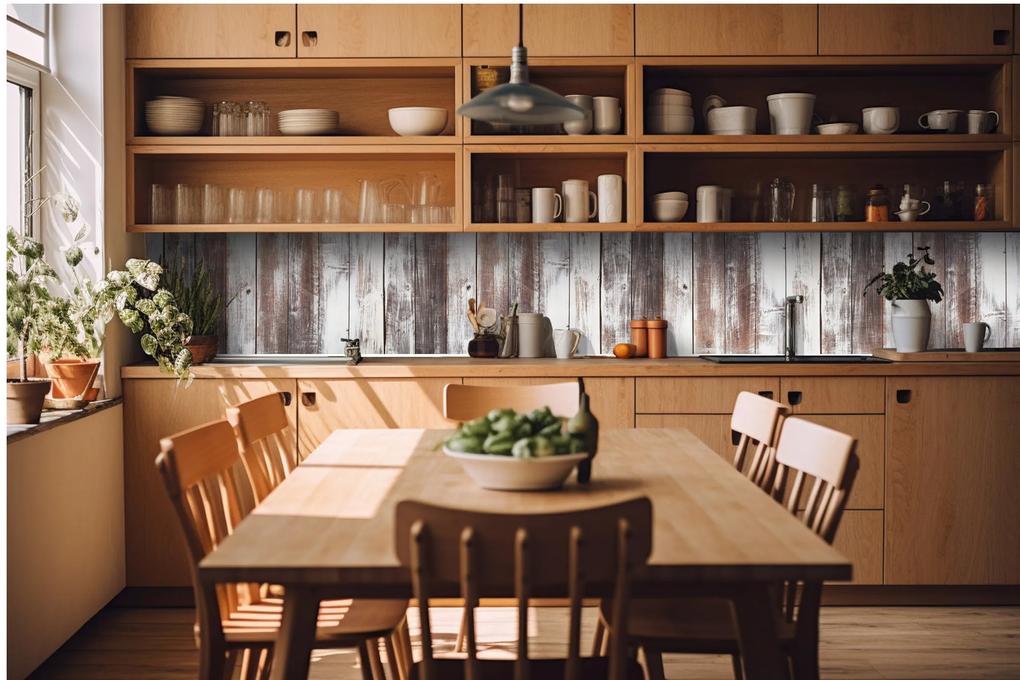 DIMEX | Fototapeta do kuchyně Stíraná dřevěná prkna KI-420-292 | 420 x 60 cm | hnědá, bílá