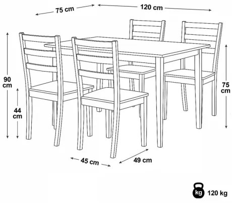 Jídelní set 1+4 stůl 120x75 židle bílý + dub, masivní nohy, VESPA OAK