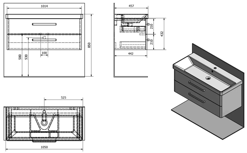 Sapho, THEIA umyvadlová skříňka 101,4x43,3x44,2cm, 2xzásuvka, bílá (TH105), TH105-3030