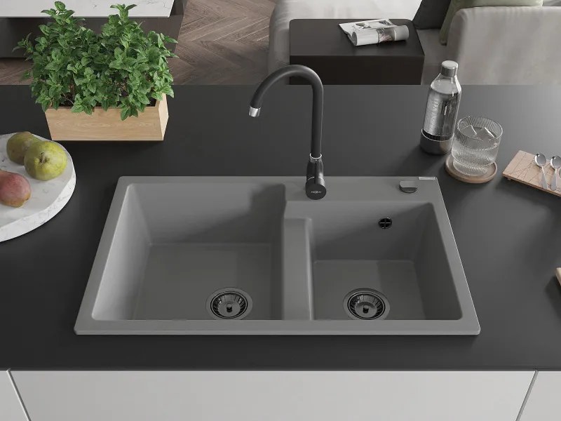 Mexen Tomas, granitový dřez 800x500x190 mm, 2-komorový, šedá s černým sifonem, 6516802000-71-B