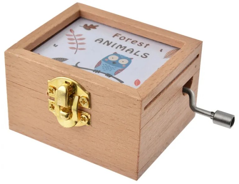 Hnědá dřevěná hrací skříňka s lístky a modrou sovičkou – 9x6x4 cm