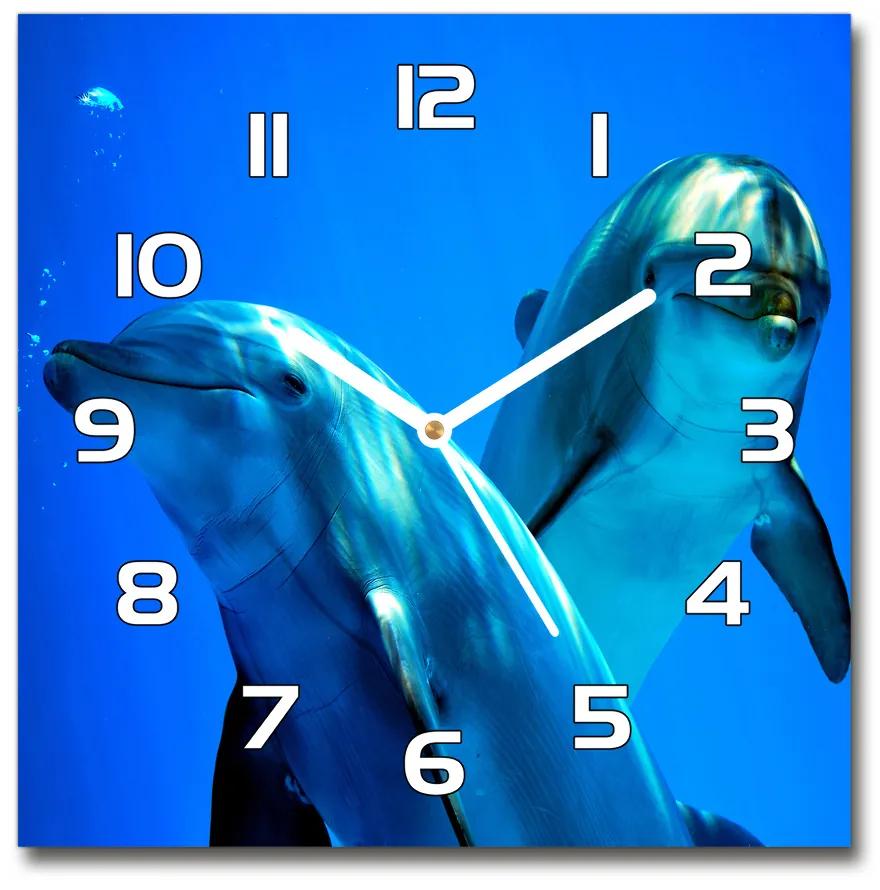 Wallmuralia Skleněné hodiny čtverec Dva delfíni 30x30 cm