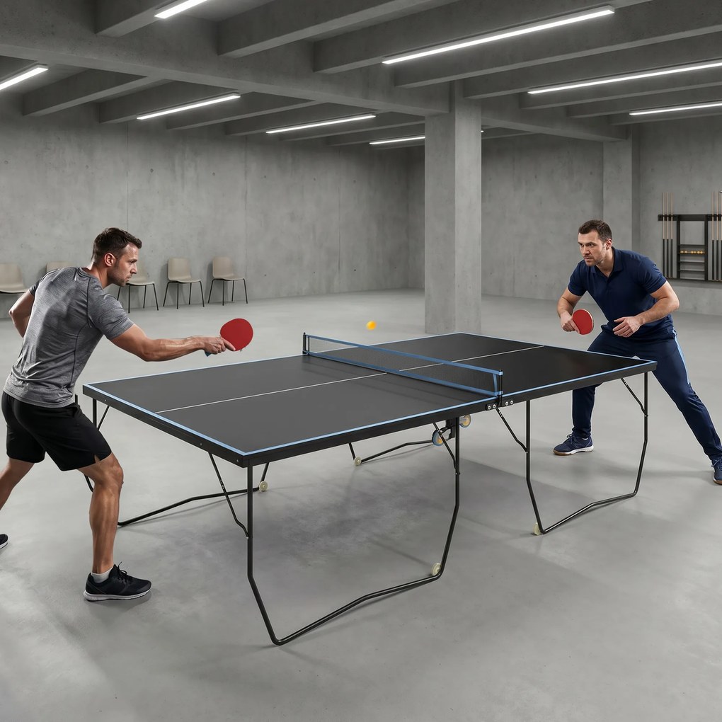 SPORTNOW venkovní stůl na stolní tenis, skládací stůl na stolní tenis se síťkou, kolečky, 2 pálkami na stolní tenis a 3 míčky, ocel, černý, 274 x 152…