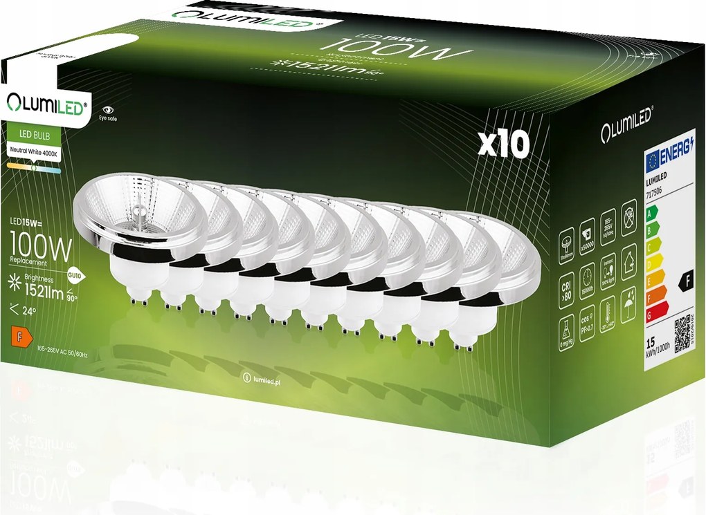 10x Led žárovka GU10 AR111 ES111 15W 100W 4000K 24° Stříbrná Lumiled