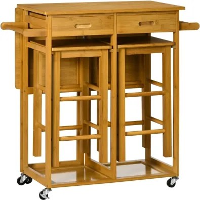 HOMCOM Sada vysokého barového stolu a 2 stoliček s kolečky, skládací kuchyňský stůl se stoličkami 82,5x75,5x83,5 cm, hnědá