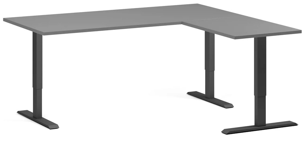 Rohový výškově nastavitelný stůl, 180x160 cm, 3 motory, L/P, černá podnož, grafit