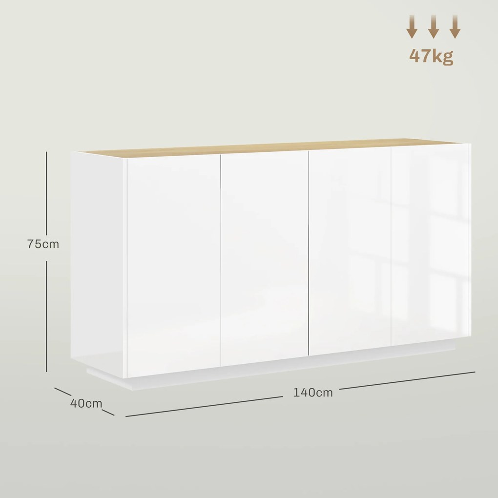 HOMCOM Jídelní Komoda, Kuchyňská Komoda, se 4 Tichými Dveřmi a Nastavitelnými Policemi, 140 x 40 x 75 cm, Vysoce Lesklá Bílá