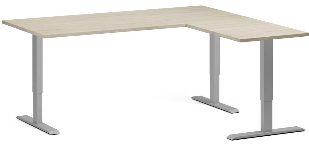 Rohový výškově nastavitelný stůl, 180x160 cm, 3 motory, L/P, šedá podnož, dub přírodní
