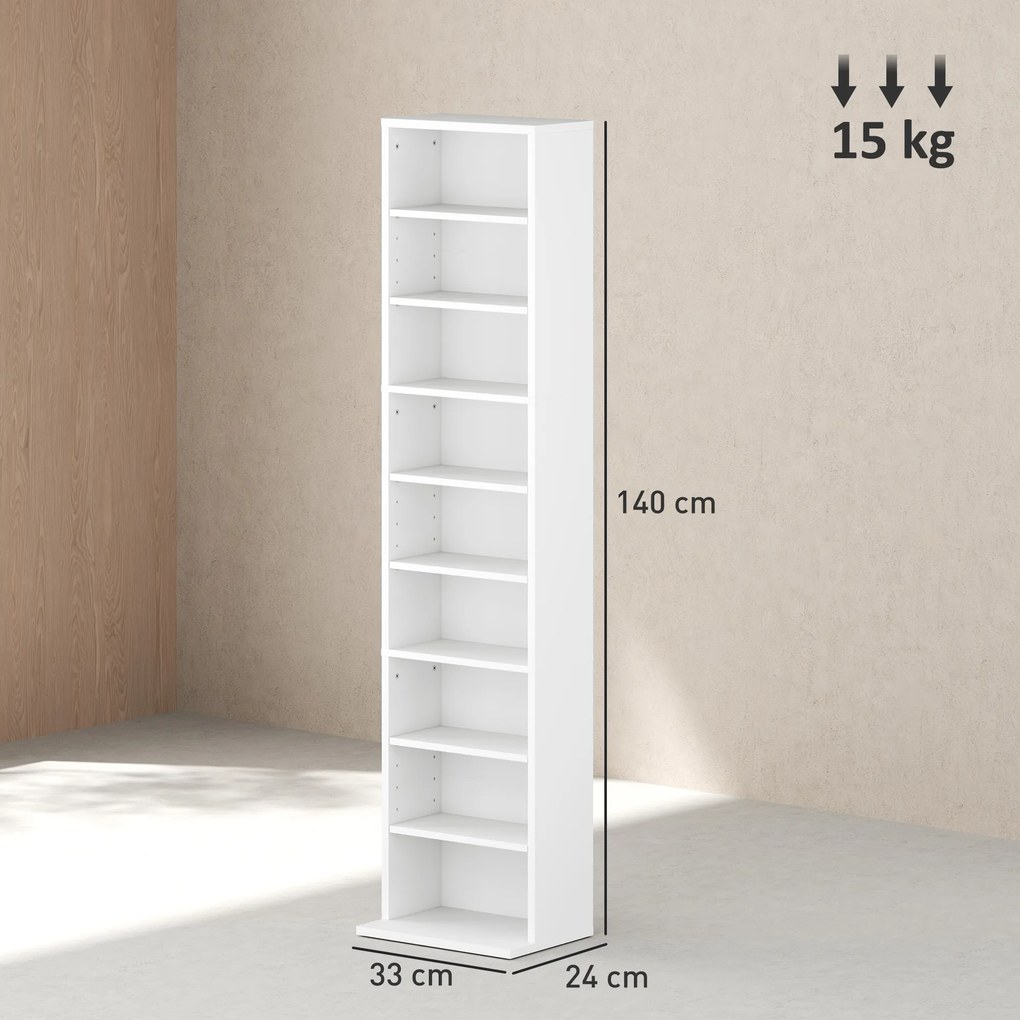 HOMCOM CD a DVD regál s 9 přihrádkami, úzký s nastavitelými policemi pro obývací pokoj a kancelář 33x24x140 cm Bílý