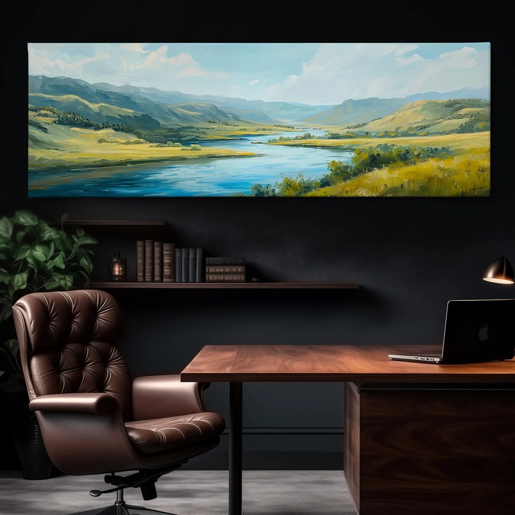 Obraz na plátně - Údolí řeky s malými kopci FeelHappy.cz Velikost obrazu: 150 x 50 cm