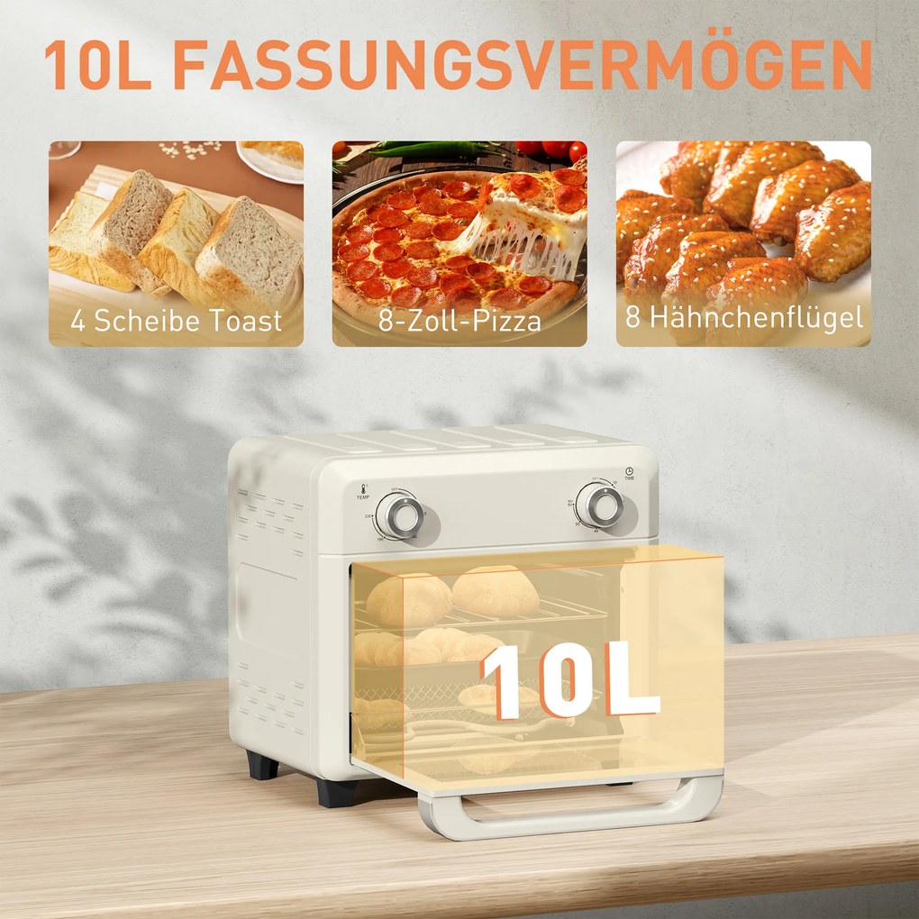 HOMCOM Mini trouba s konvekcí 10 l 2 v 1 Mini trouba s roštem, plechem na pečení a plechem na drobky, horkovzdušná fritéza 80 °C-230 °C, s dotykovým …