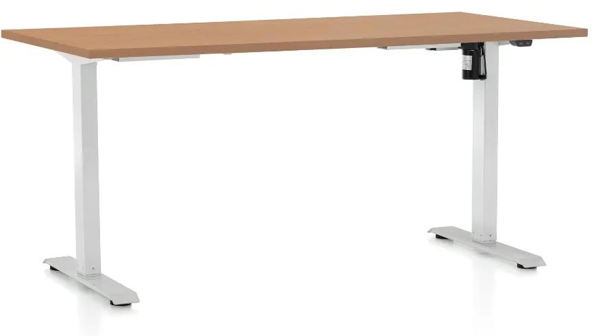 Výškově nastavitelný stůl OfficeTech A, 160 x 80 cm, bílá podnož, buk