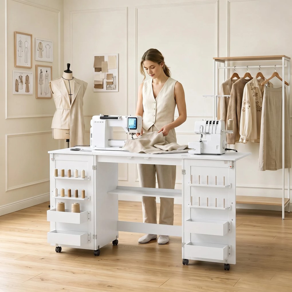HOMCOM Skládací šicí stůl s 2 magnetickými dveřmi, pojízdný tvořivý stůl s 4 boxy, 20 držáků, úložný prostor, bílá