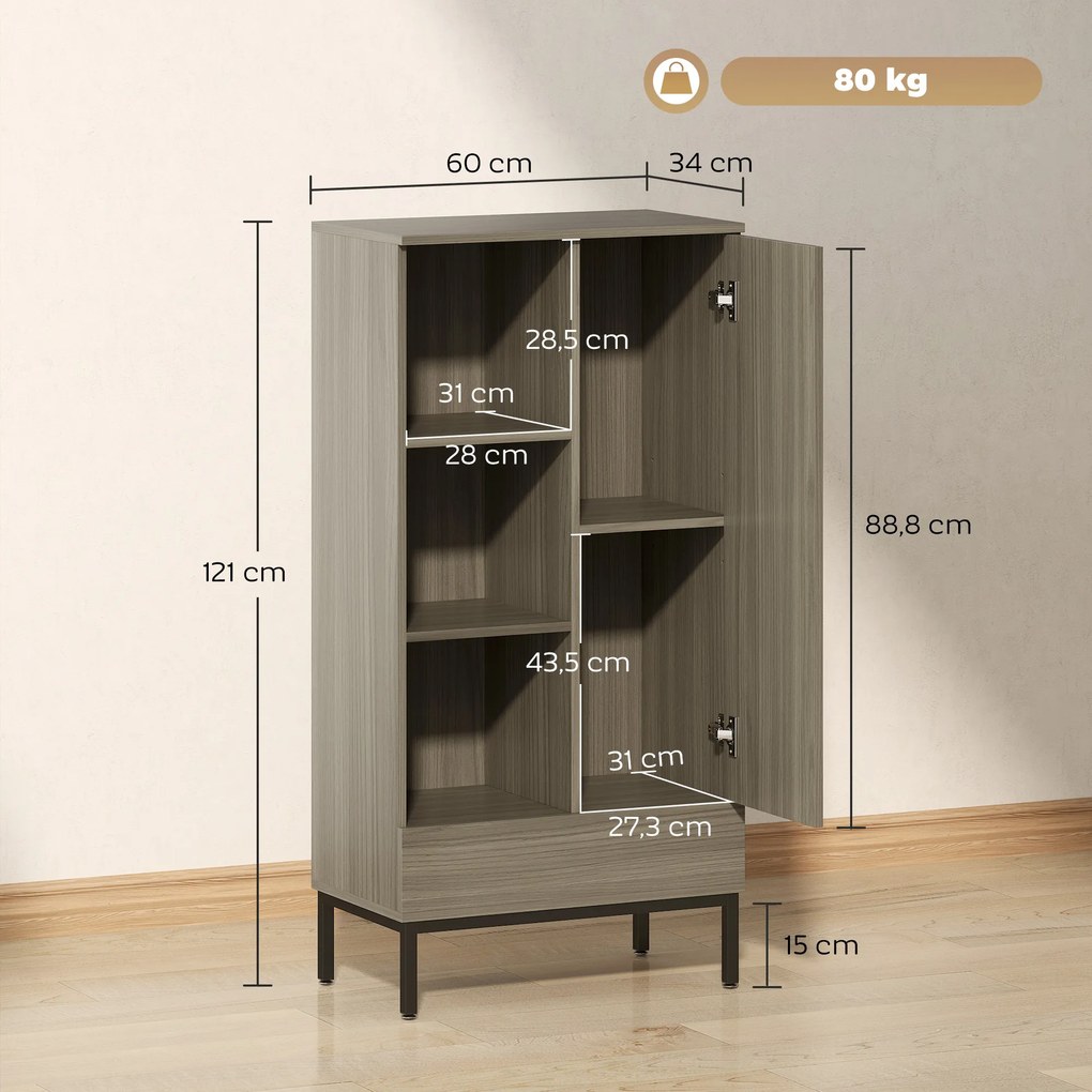 HOMCOM příborník do obývacího pokoje, moderní, s dveřmi, zásuvkou, nastavitelnou policí a 3 otevřenými přihrádkami, 60x34x121 cm, přírodní