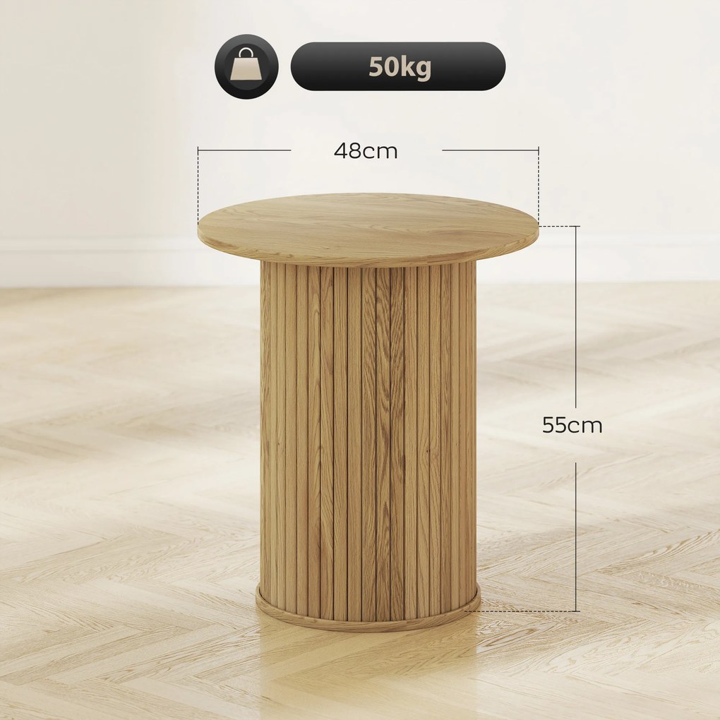 HOMCOM kulatý odkládací stolek Ø 48 cm, konferenční stolek s žlábkovanými nohami pro obývací pokoj, ložnici nebo malé prostory, Dub
