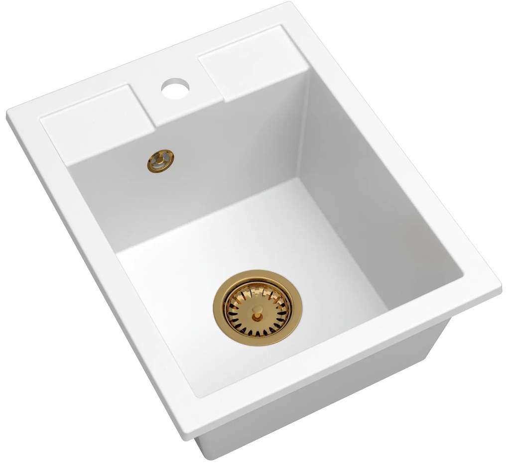 Sink Quality Ferrum 40, kuchyňský granitový dřez 400x500x195 mm + zlatý sifon, bílá, SKQ-FER.W.1K40.XG