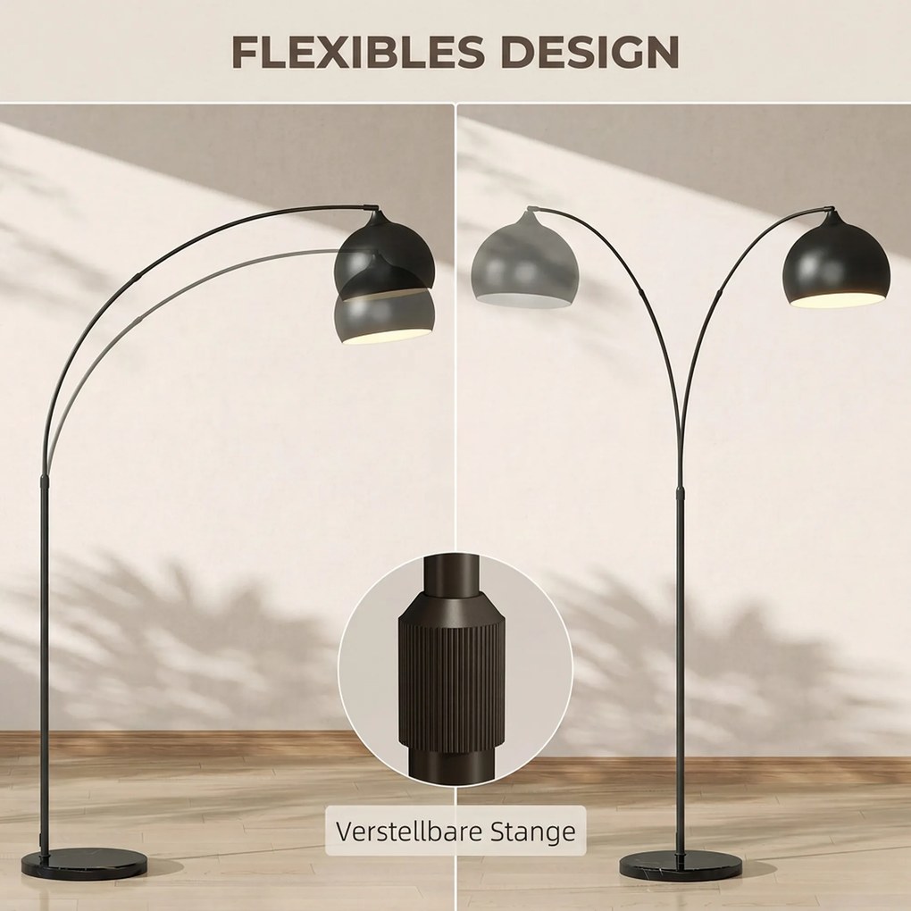HOMCOM Oblouková lampa, stojací lampa, výškově nastavitelná, nožní vypínač, podstavec s efektem mramoru, 170-180cm, černá