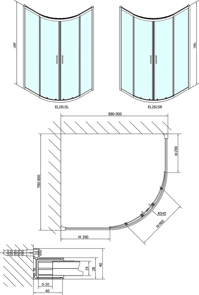 Polysan Polysan, EASY LINE čtvrtkruhová sprchová zástěna 900x800mm, L/R, číré sklo, EL2815