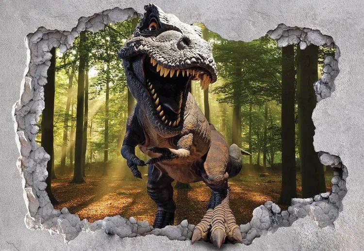 Fototapeta, Tapeta Dinosaur 3D Jumping Out Of Hole In Wall, (520 x 318 cm)