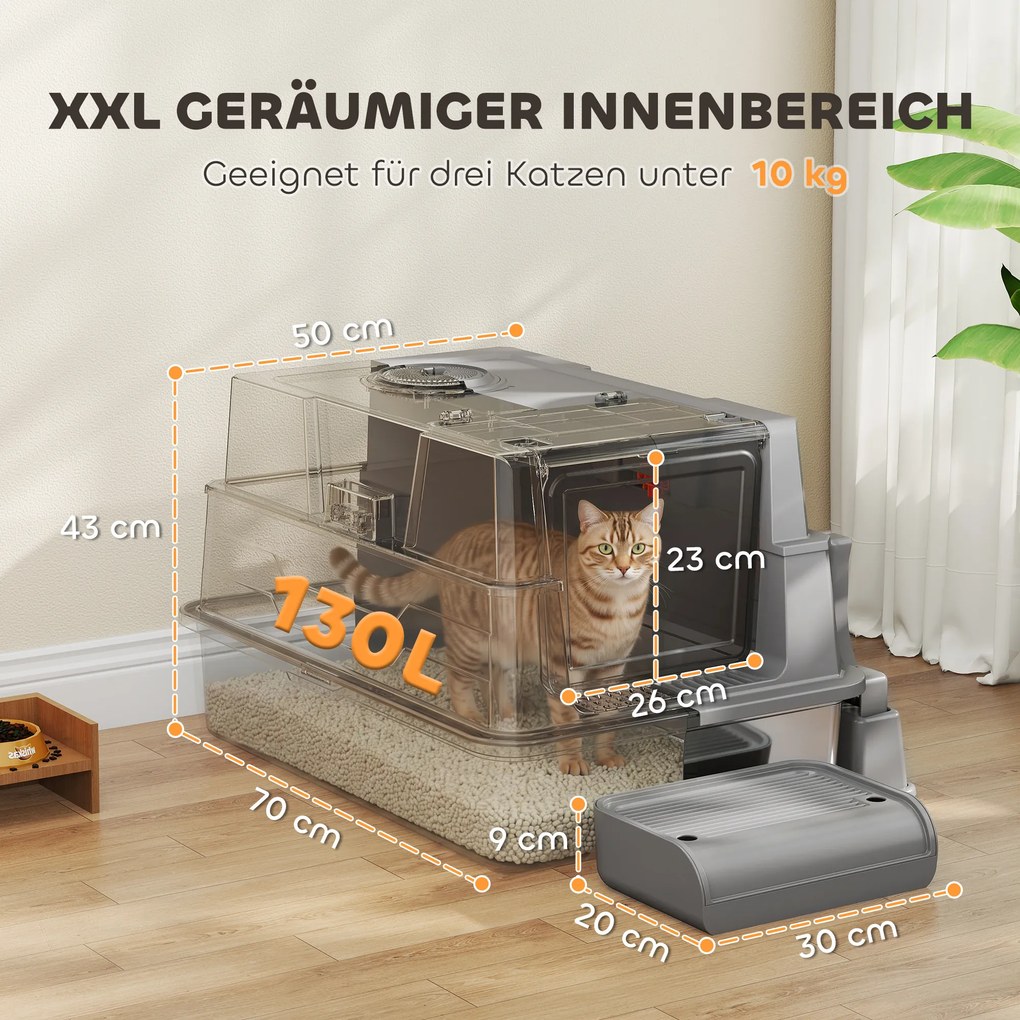 PawHut XXL nerezová toaleta pro kočky, objem 130 l — výklopné víko 180°, vysoké boky, lopatka a nášlap — pro až 3 kočky (do 10 kg každá) — 70 x 50 x …