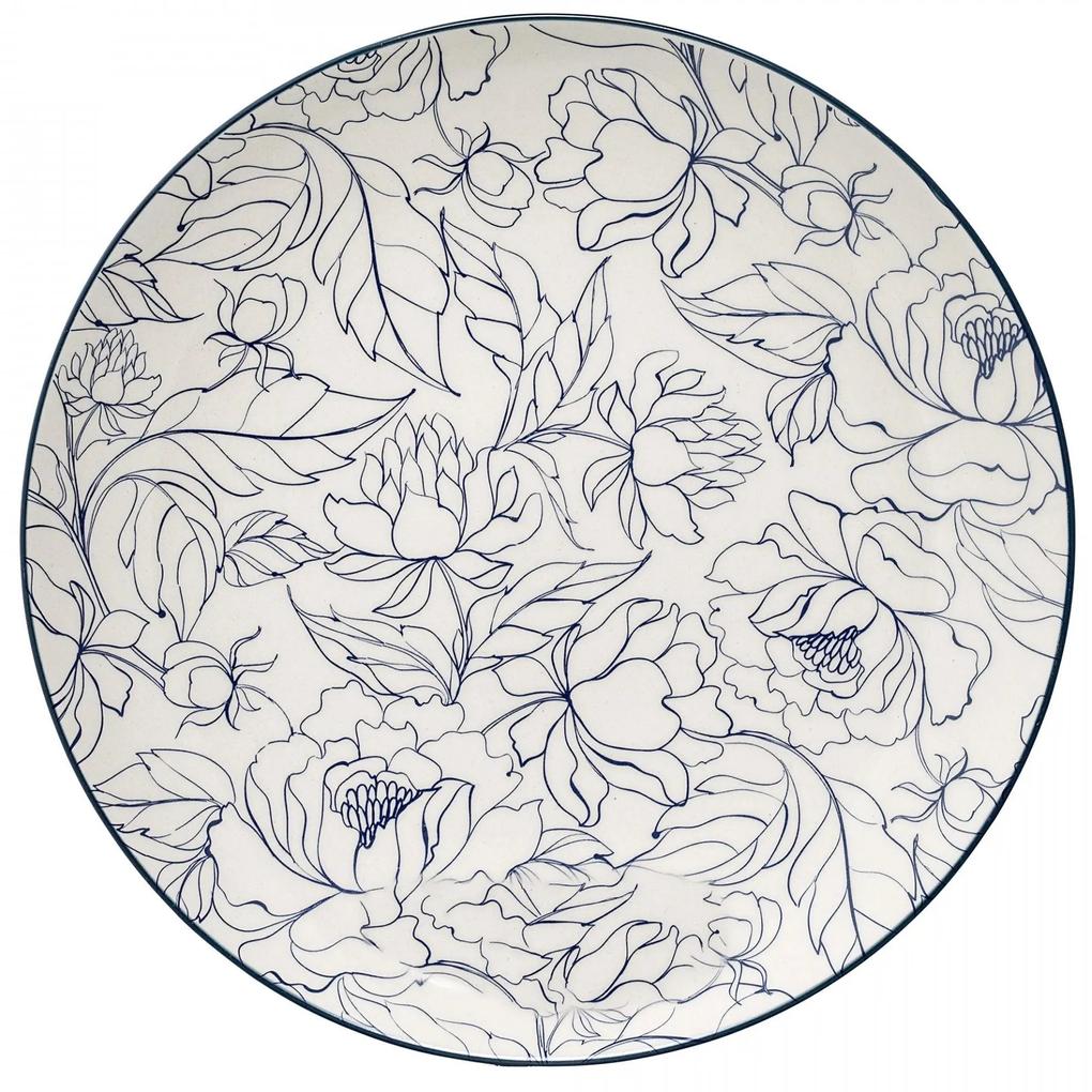 Bloomingville Keramický talíř Fleur Creme, modrá barva, krémová barva, keramika