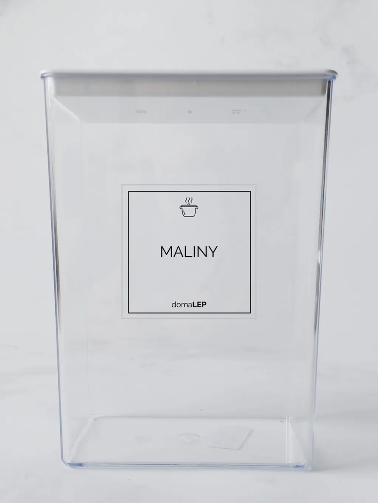 MALINY – průhledná samolepka na dózu, základní písmo, 5 x 5 cm | DomaLEP