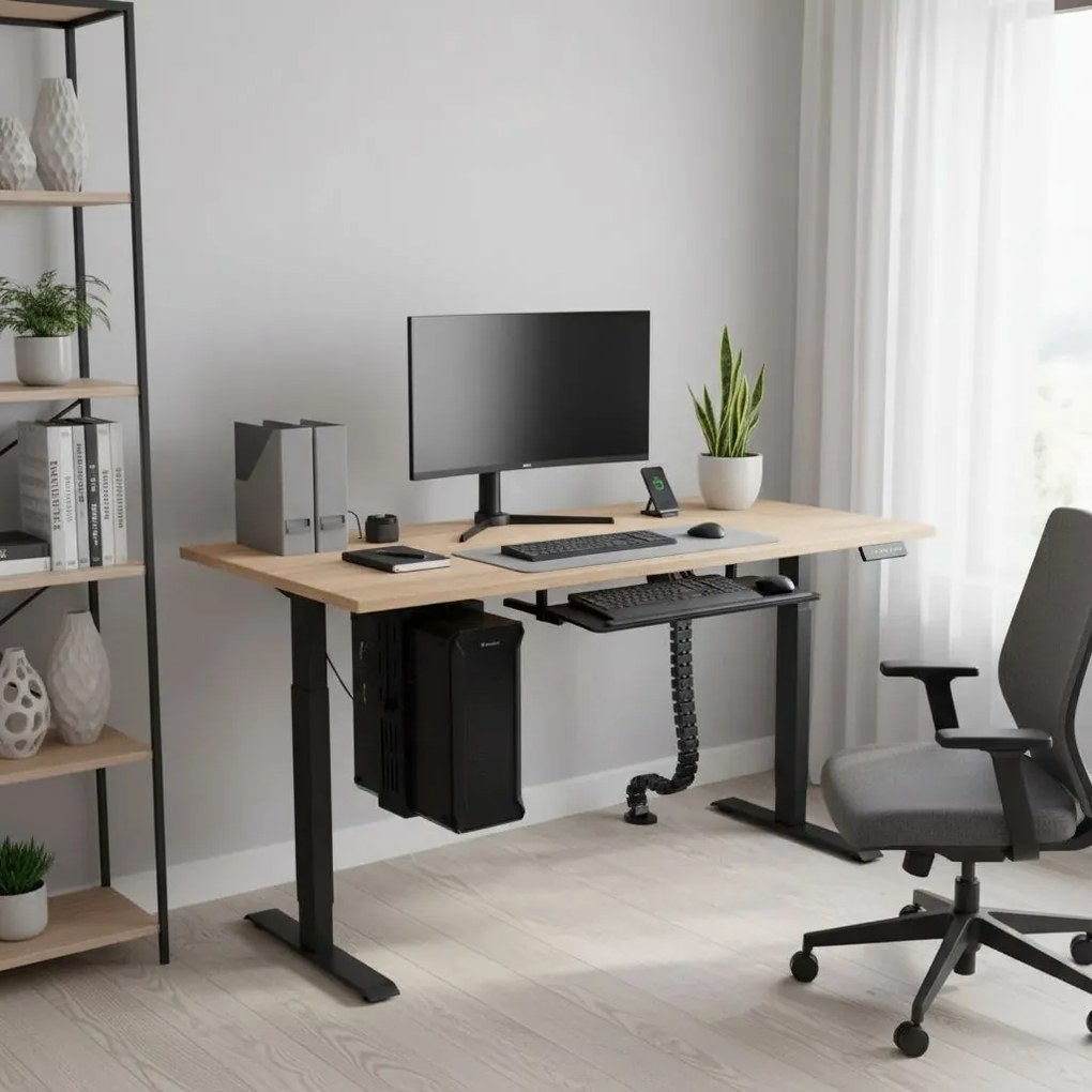 Výškově nastavitelný stůl OfficeTech B, 160 x 80 cm, černá podnož, dub kraft