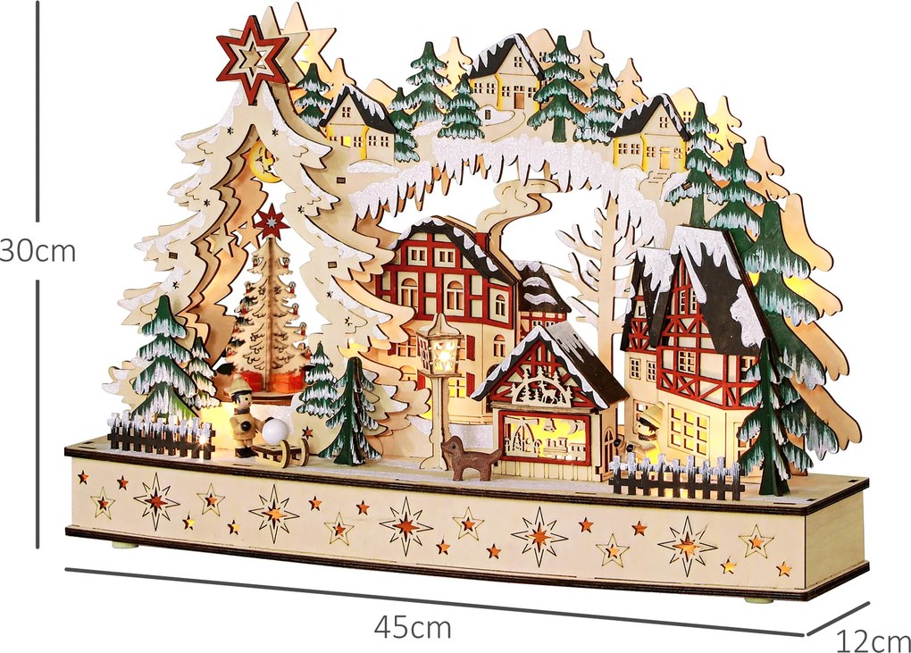 HOMCOM Vánoční vesnička v zimní říši divů, 20 LED světýlek, vrstvená, přírodní dřevo, 45 x 12 x 30 cm
