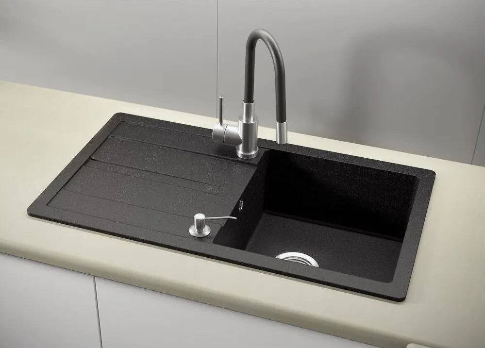 Černý kuchyňský granitový dřez QUADRON READY- MAX + BATERIE A DÁVKOVAČ NA SAPONÁT