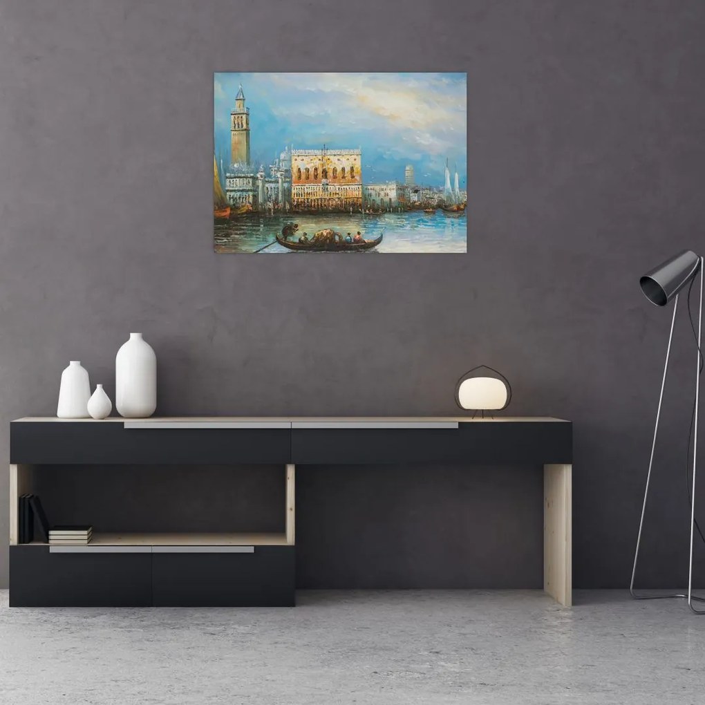 Skleněný obraz - Gondola projíždějící Benátkami, olejomalba (70x50 cm)