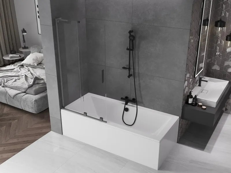 Mexen Velar L, 2-křídlová posuvná vanová zástěna 95 x 150 cm, 8mm čiré sklo, broušený grafit, 896-095-003-01-66