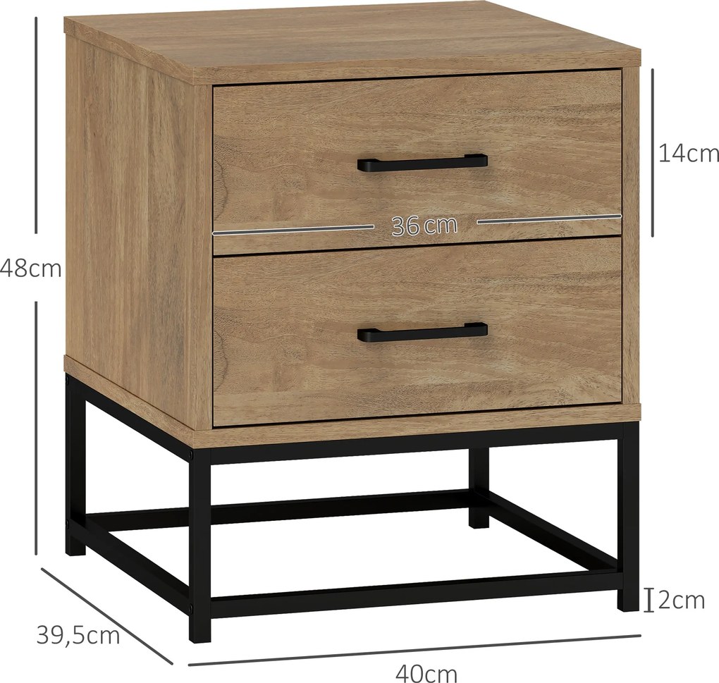 HOMCOM Sada 2 nočních stolků se 2 zásuvkami, noční stolek v industriálním stylu do ložnice a obývacího pokoje, rozměry 40 x 39,5 x 48 cm, přírodní dř…