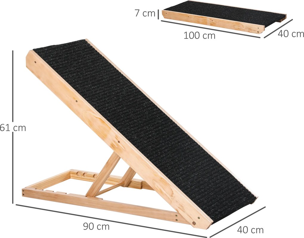 PawHut rampa pro psy nastavitelná rampa pro psy s protiskluzovým kobercem z borovicového dřeva a polyesteru 90x40x61cm pro psy a kočky