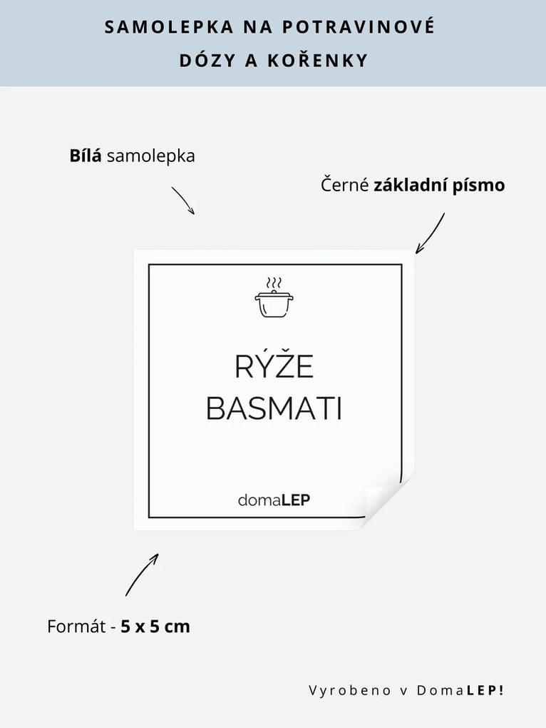 RÝŽE BASMATI– bílá samolepka na dózu, základní písmo, 5 x 5 cm | DomaLEP