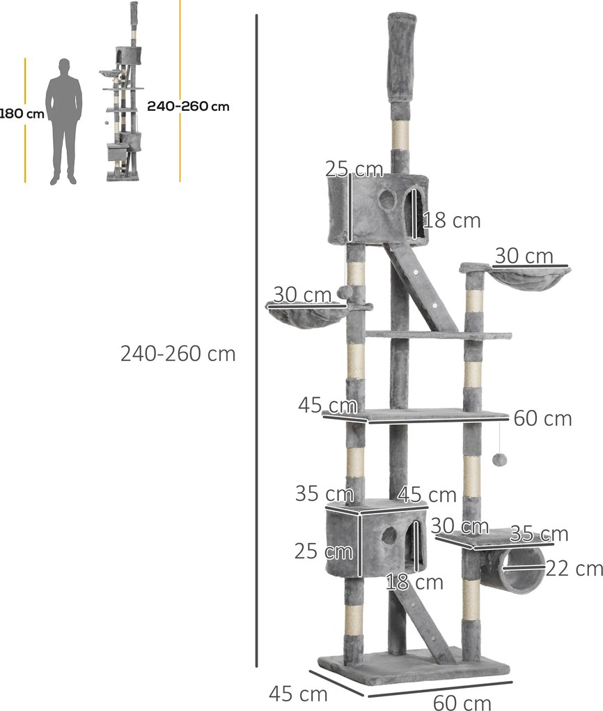 PawHut škrabadlo pro kočky 240-260 cm vysoké sisalové šplhací stromy světle šedé levně pro milovníky koček | Aosom.de