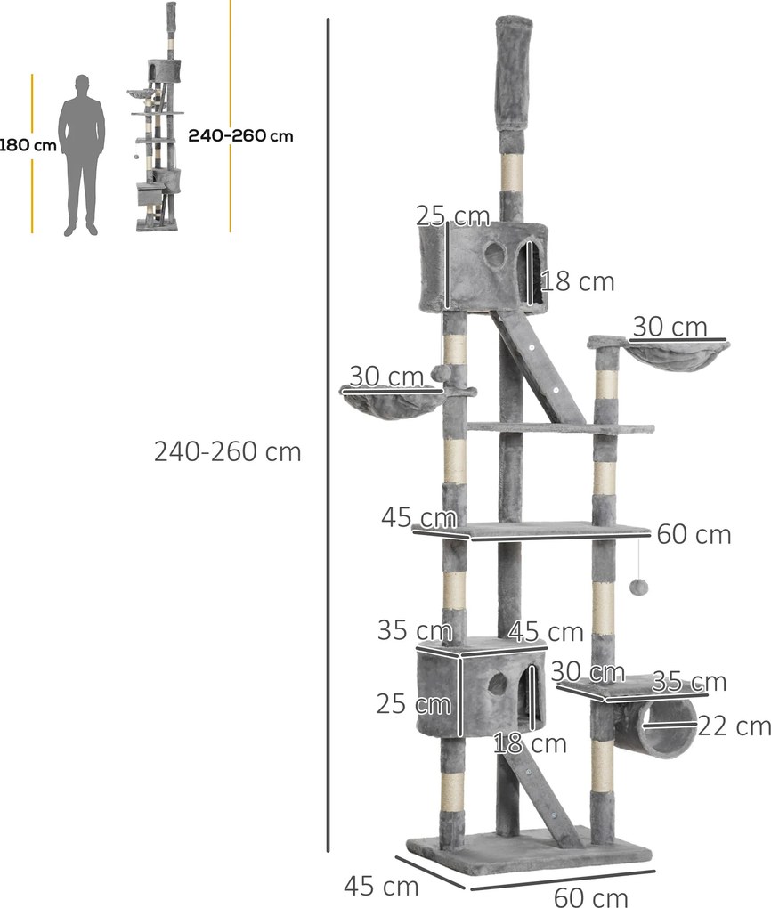 PawHut škrabadlo pro kočky 240-260 cm vysoké sisalové šplhací stromy světle šedé levně pro milovníky koček