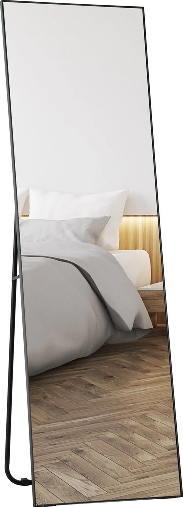 HOMCOM Moderní zrcadlo na celou postavu, 40x150 cm, obdélníkové zrcadlo se stojanem, rámečkem a háčky do ložnice, obývacího pokoje, předsíně, černé |