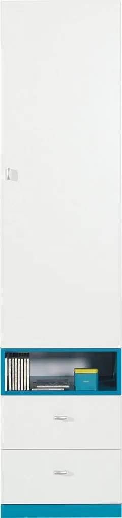 Dětská policová skříň Poly 3, lamino + ABS, bílá / tyrkysová, 45x195x40 cm