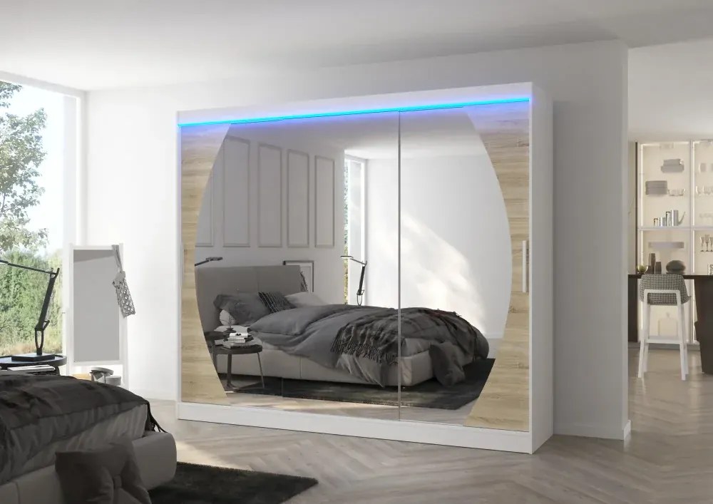 Posuvná skříň se zrcadlem a LED osvětlením CAMBE 250 bílá – sonoma