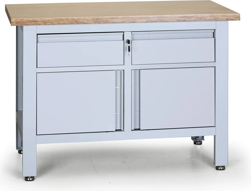 Pracovní stůl do dílny G6, 2 zásuvky, 2 skříňky, 1200 x 600 x 860 - 900 mm, šedá