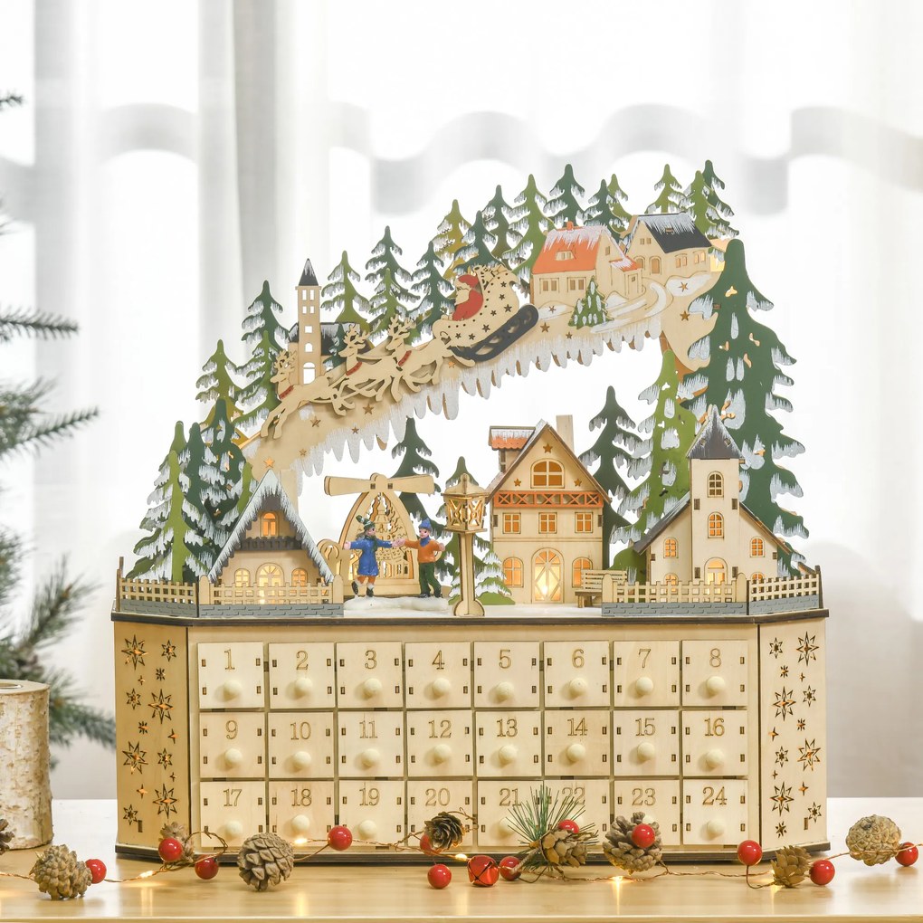 HOMCOM Adventní kalendář Vánoční dekorace, 24 zásuvek, LED světla, 39 cm x 9 cm x 42 cm, bílá + zelená 830-417